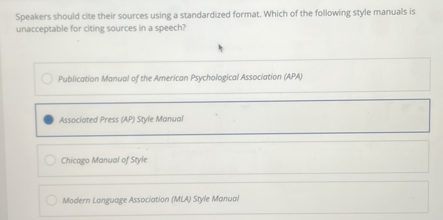 Solved: Speakers should cite their sources using a standardized format ...