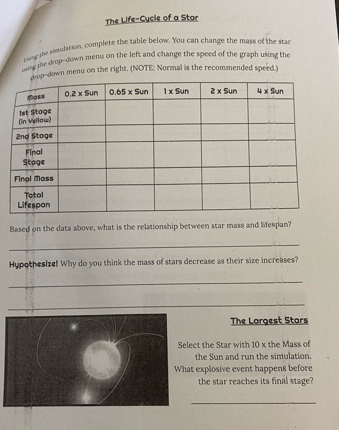 Solved: The Life-Cycle of a Star Using the simulation, complete the ...
