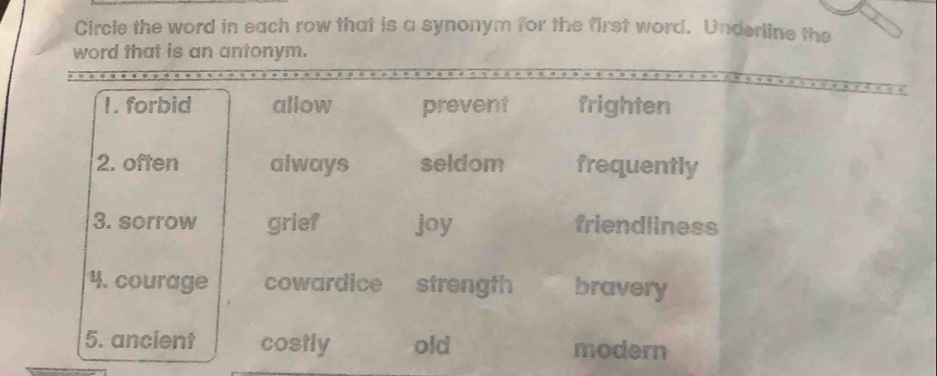Solved: Circle the word in each row that is a synonym for the first ...