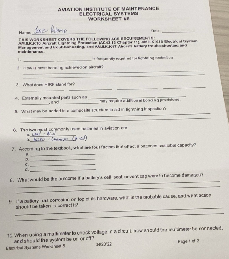Solved: AVIATION INSTITUTE OF MAINTENANCE ELECTRICAL SYSTEMS WORKSHEET ...