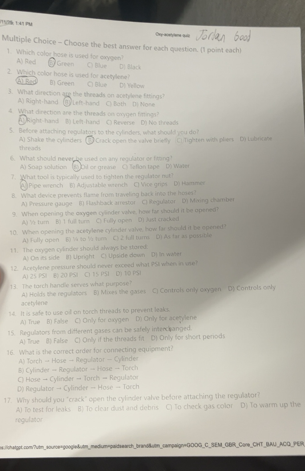 Solved: 11/25; 1:41 PM Oxy-acetylene quiz Multiple Choice - Choose the ...