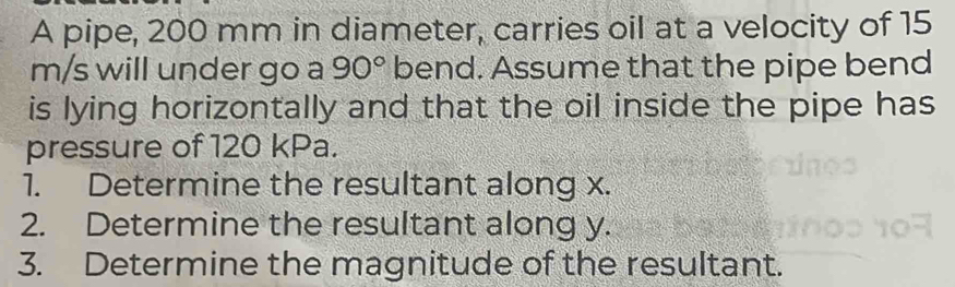 Solved: A pipe, 200 mm in diameter, carries oil at a velocity of 15 m/s ...