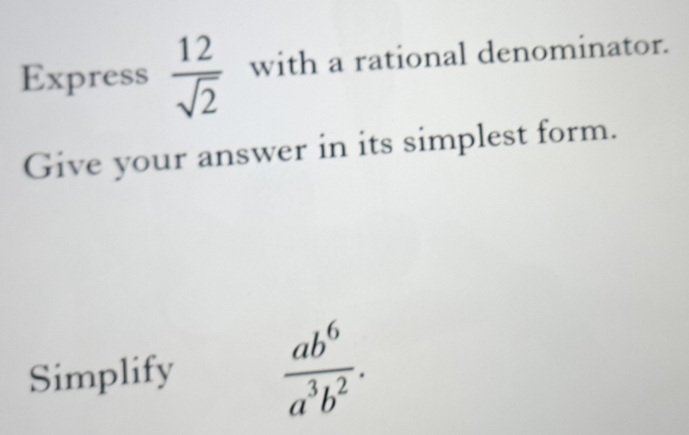 Solved: Express 12/sqrt(2) with a rational denominator. Give your answer in its simplest form ...