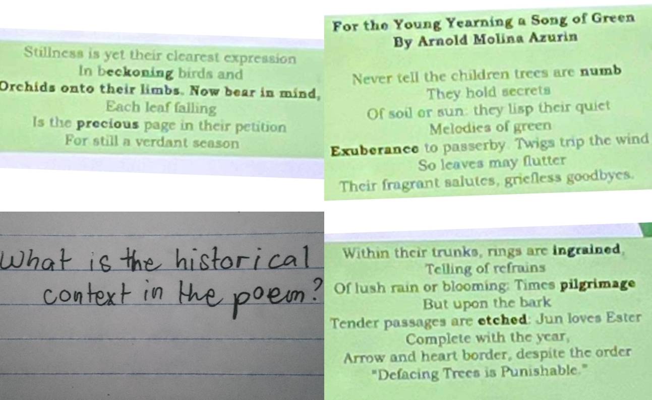 Solved: For the Young Yearning a Song of Green By Arnold Molina Azurin ...
