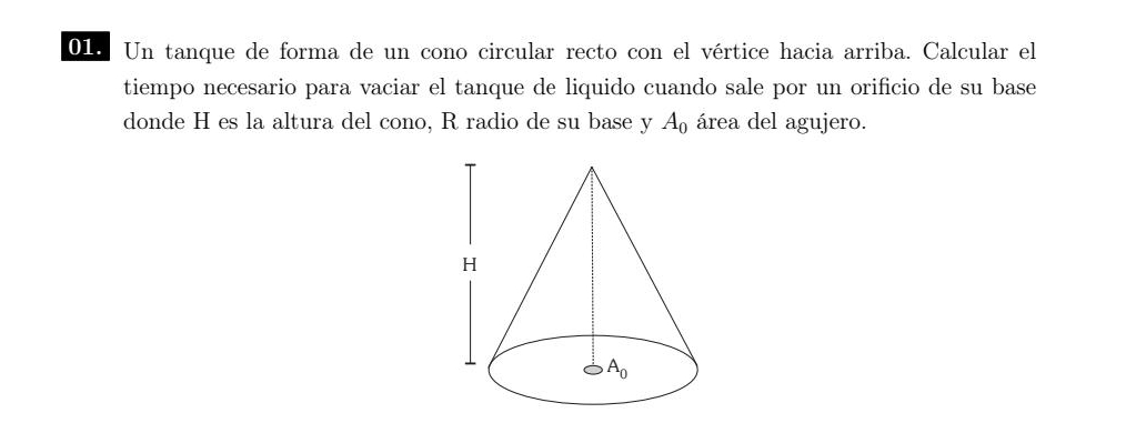 Resuelto:Un tanque de forma de un cono circular recto con el vértice hacia arriba. Calcular el tiem