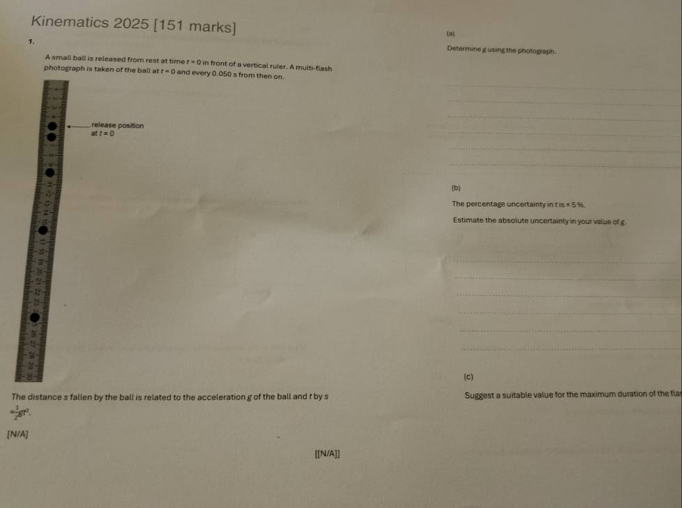 Solved: Kinematics 2025 [151 marks] (a) 1. Determine g using the ...