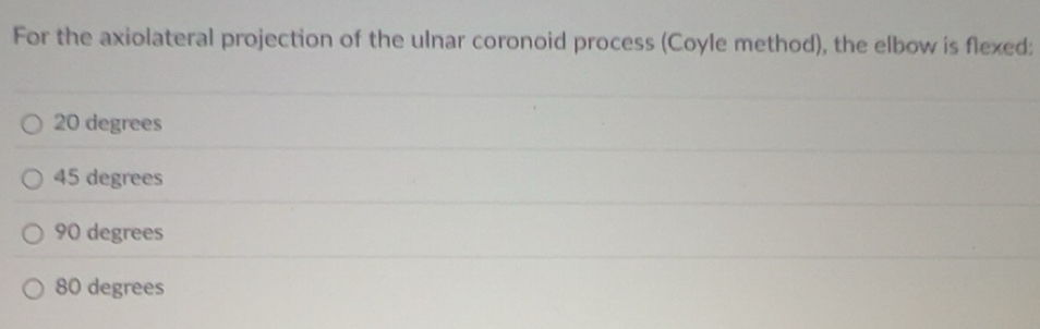 Solved: For the axiolateral projection of the ulnar coronoid process ...