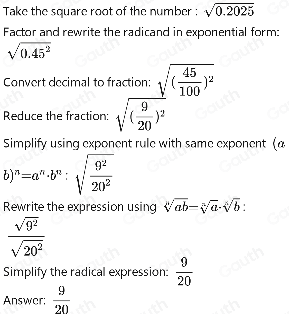 Solved: Find the square root of : 0.2025 2 [Math]