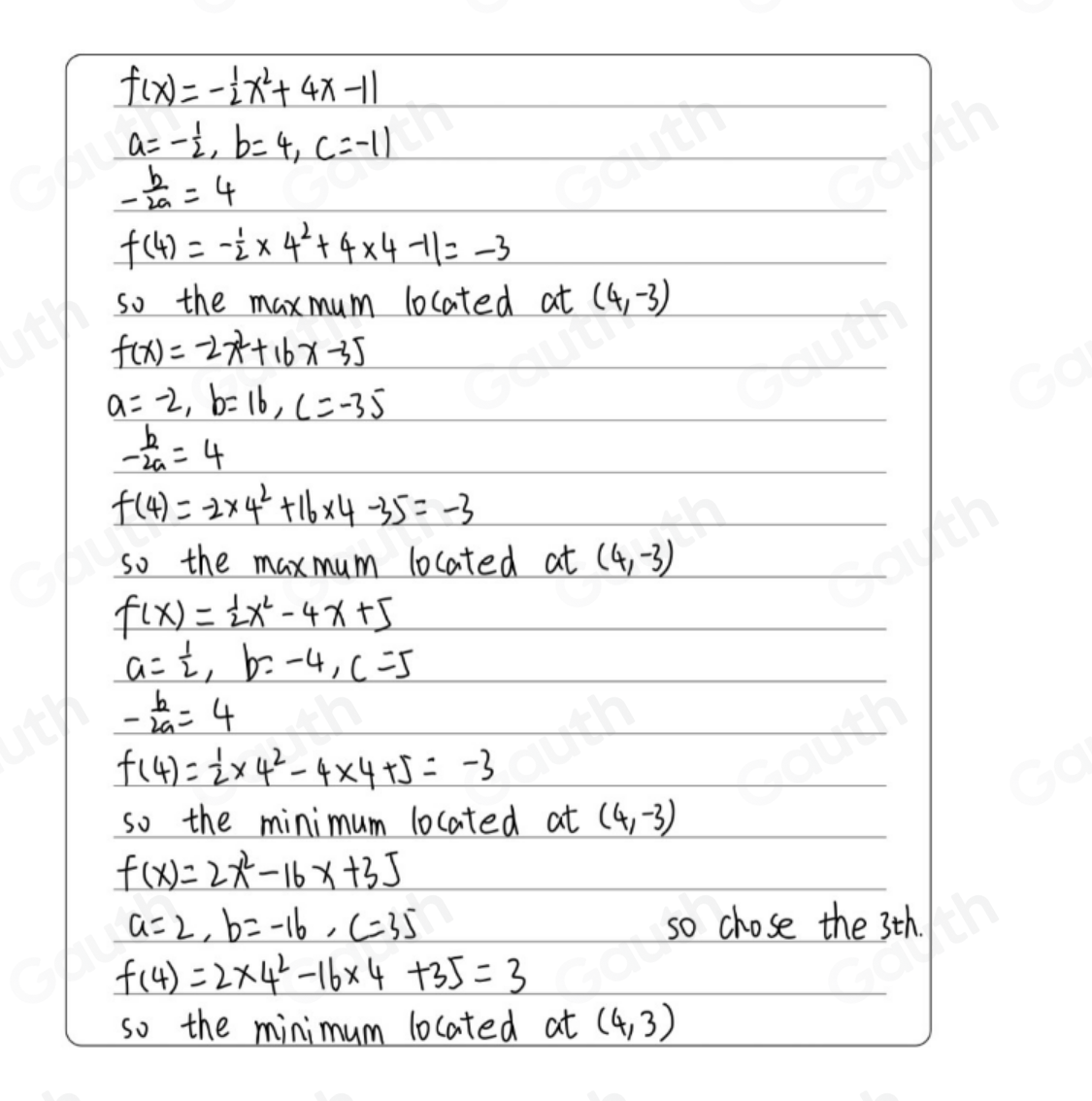 Solved: The graph of which function has a minimum located at (4,-3) ? f ...