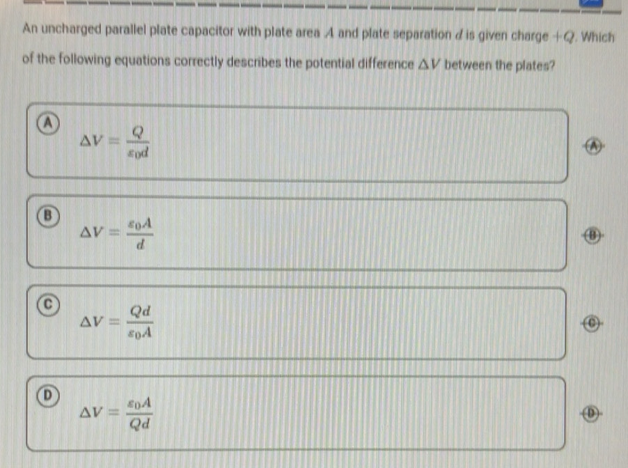 Solved: An uncharged parallel plate capacitor with plate area A and ...