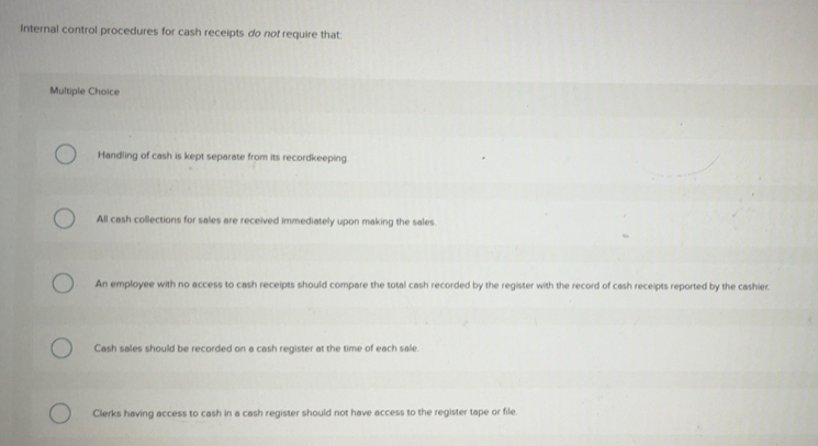 Solved: Internal control procedures for cash receipts do nof require ...