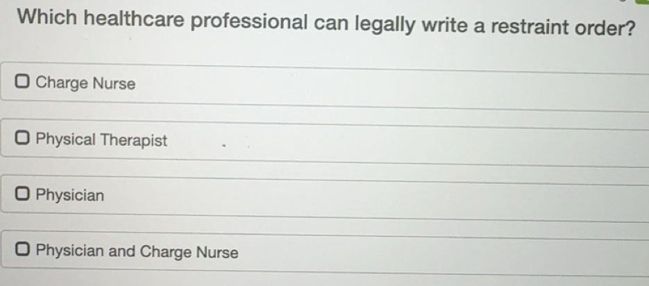 Solved: Which healthcare professional can legally write a restraint ...