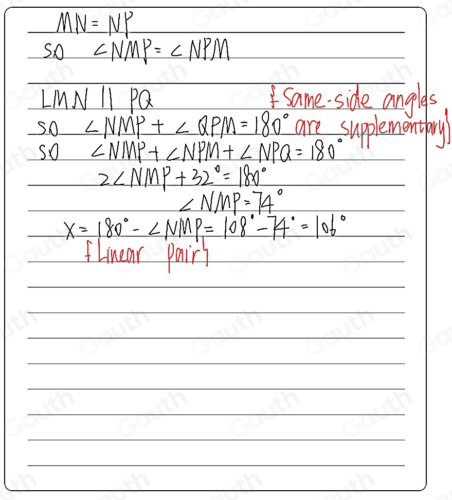 Solved: LMN is a straight line and is parallel to PQ MN=NP Work out the ...