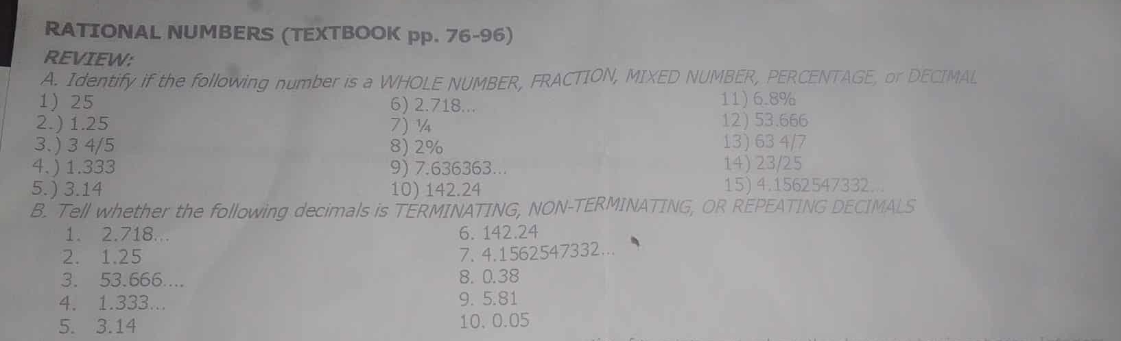 Solved: RATIONAL NUMBERS (TEXTBOOK pp. 76-96) REVIEW: A. Identify if ...
