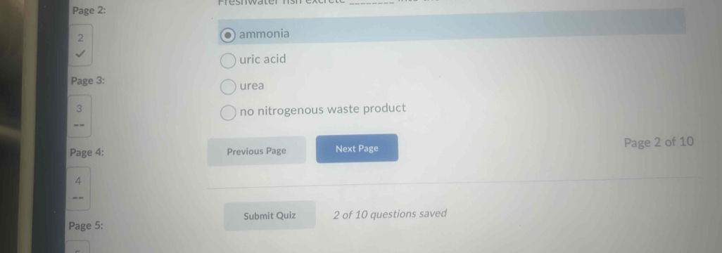 Solved: Page 2: _ 2 ammonia uric acid Page 3: urea 3 no nitrogenous ...