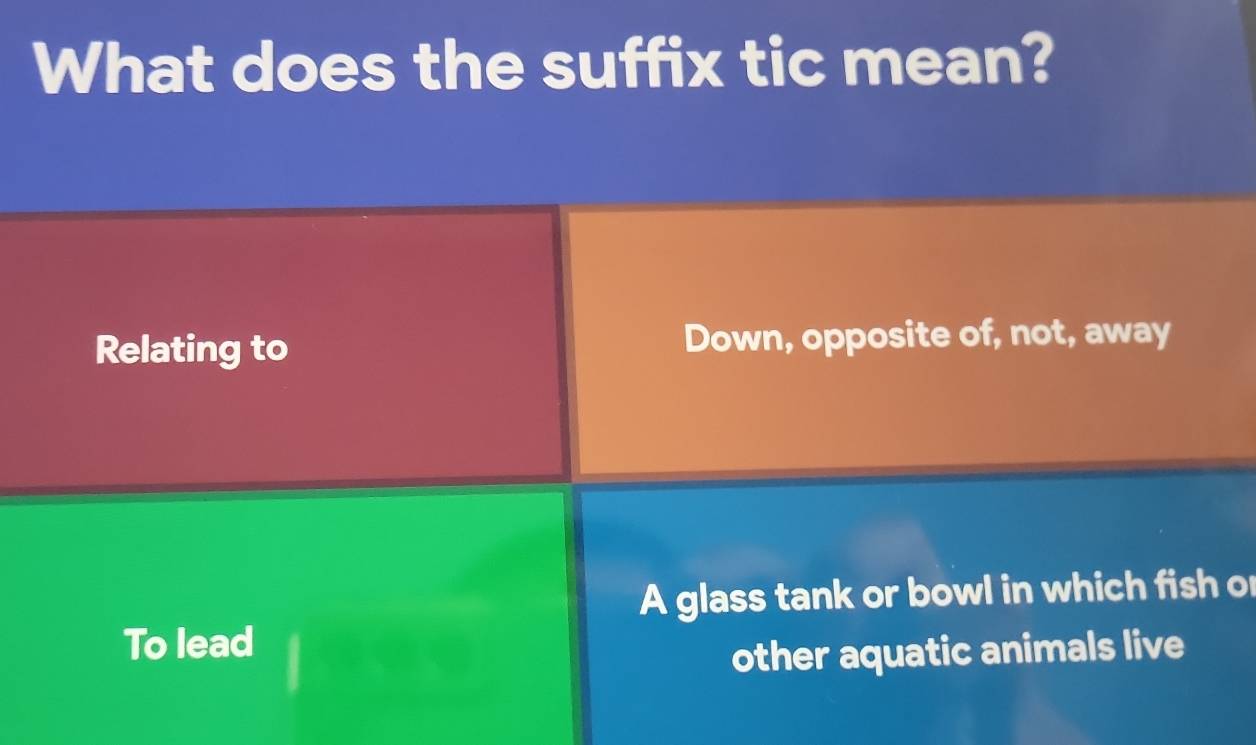 Solved: What does the suffix tic mean? Relating to Down, opposite of ...