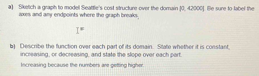 Sketch a graph to model Seattle's cost structure over the domain [0 ...