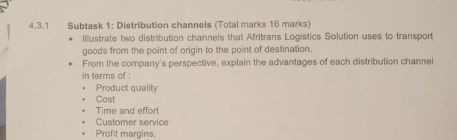 Solved: Subtask 1: Distribution channels (Total marks 16 marks ...
