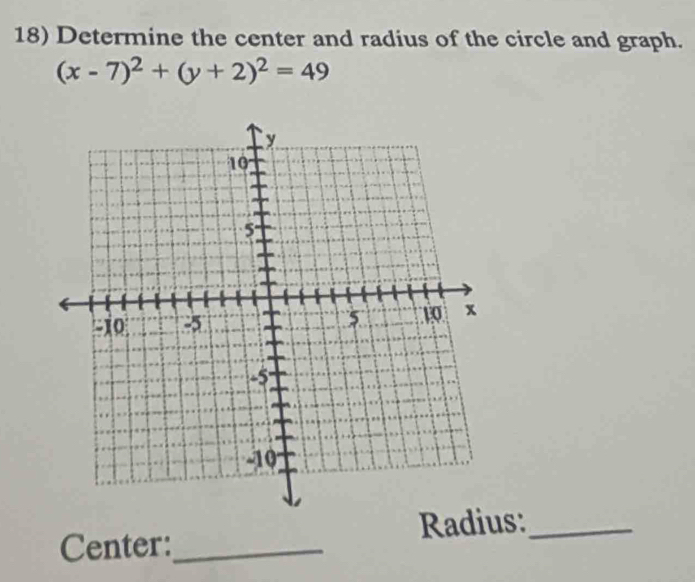 Solved: Determine the center and radius of the circle and graph. (x-7 ...