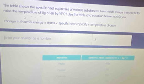 Solved: The table shows the specific heat capacities of various ...