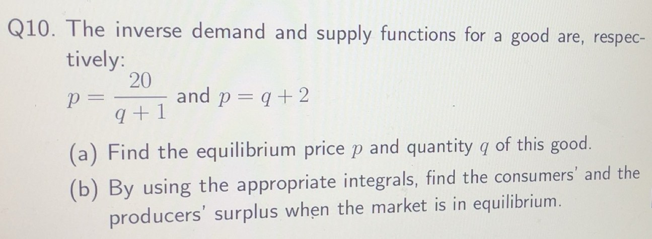 Solved: The inverse demand and supply functions for a good are, respec ...