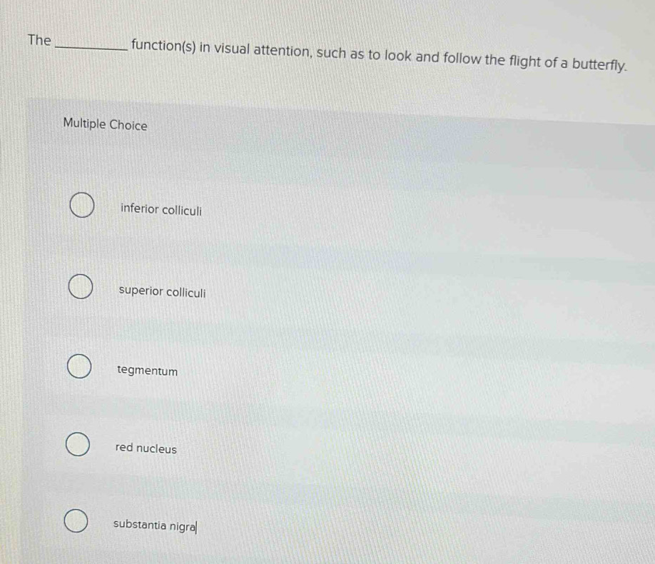 Solved: The_ function(s) in visual attention, such as to look and ...