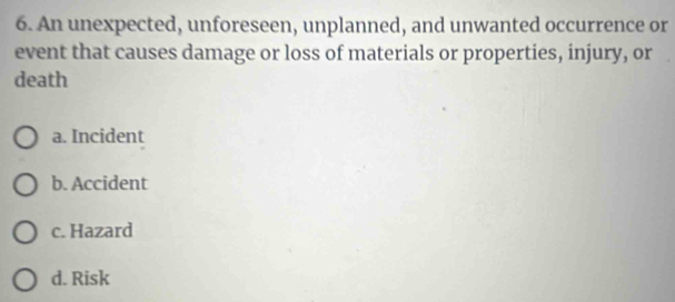 Solved: An unexpected, unforeseen, unplanned, and unwanted occurrence or event that causes ...