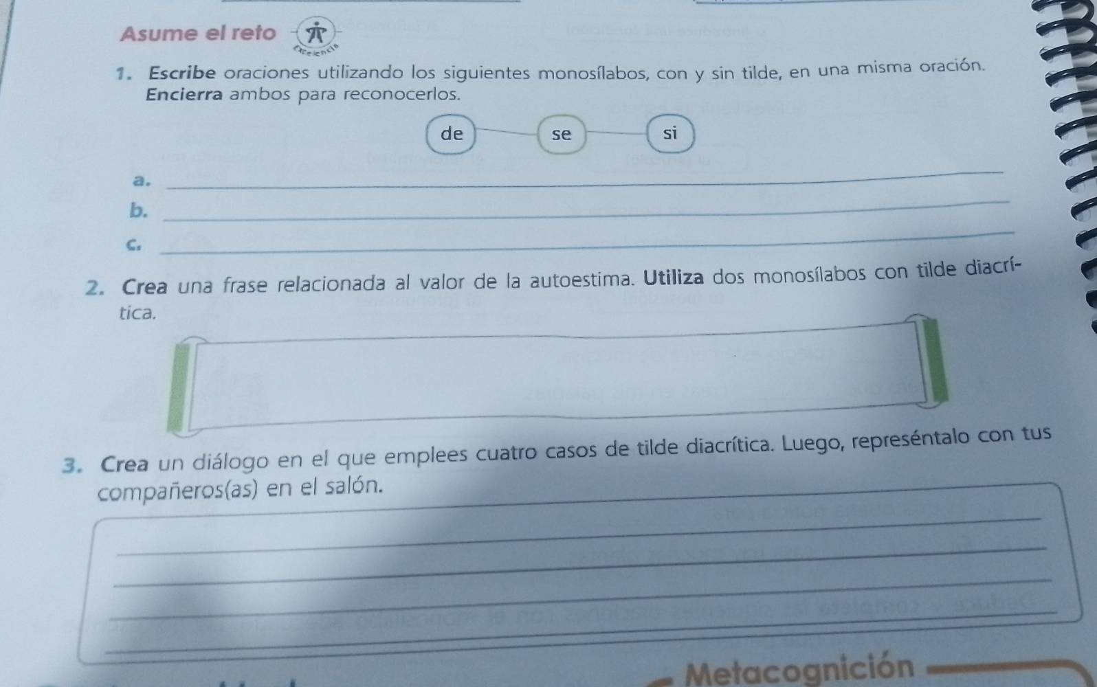 Resuelto:Asume el reto 1. Escribe oraciones utilizando los siguientes ...