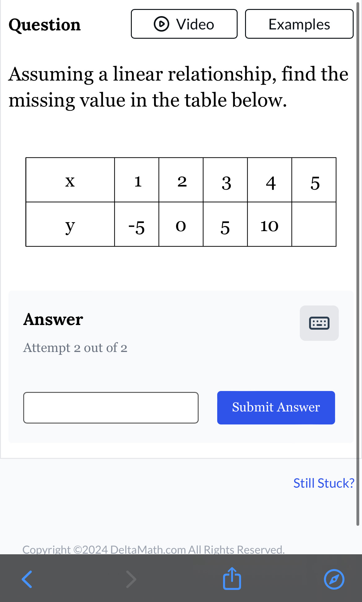 Solved: Question Video Examples Assuming a linear relationship, find ...