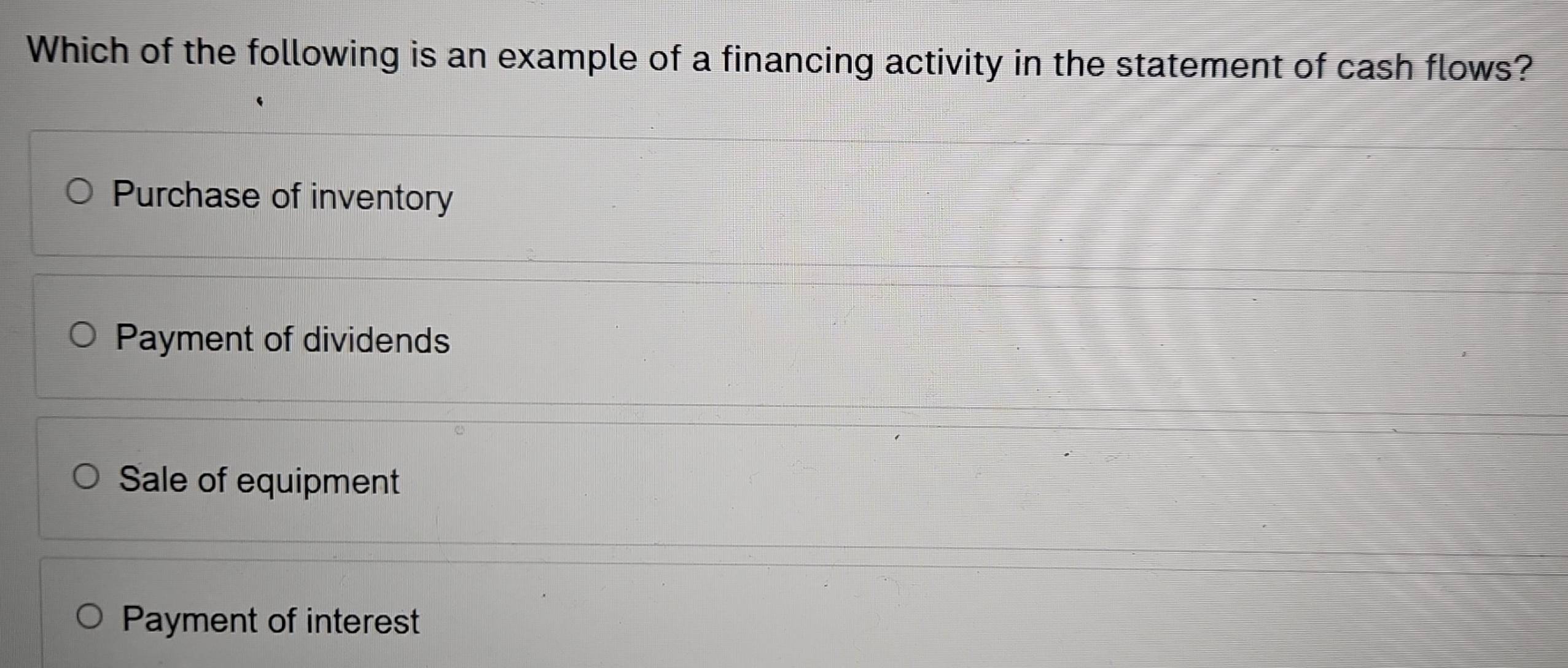 Solved: Which of the following is an example of a financing activity in ...
