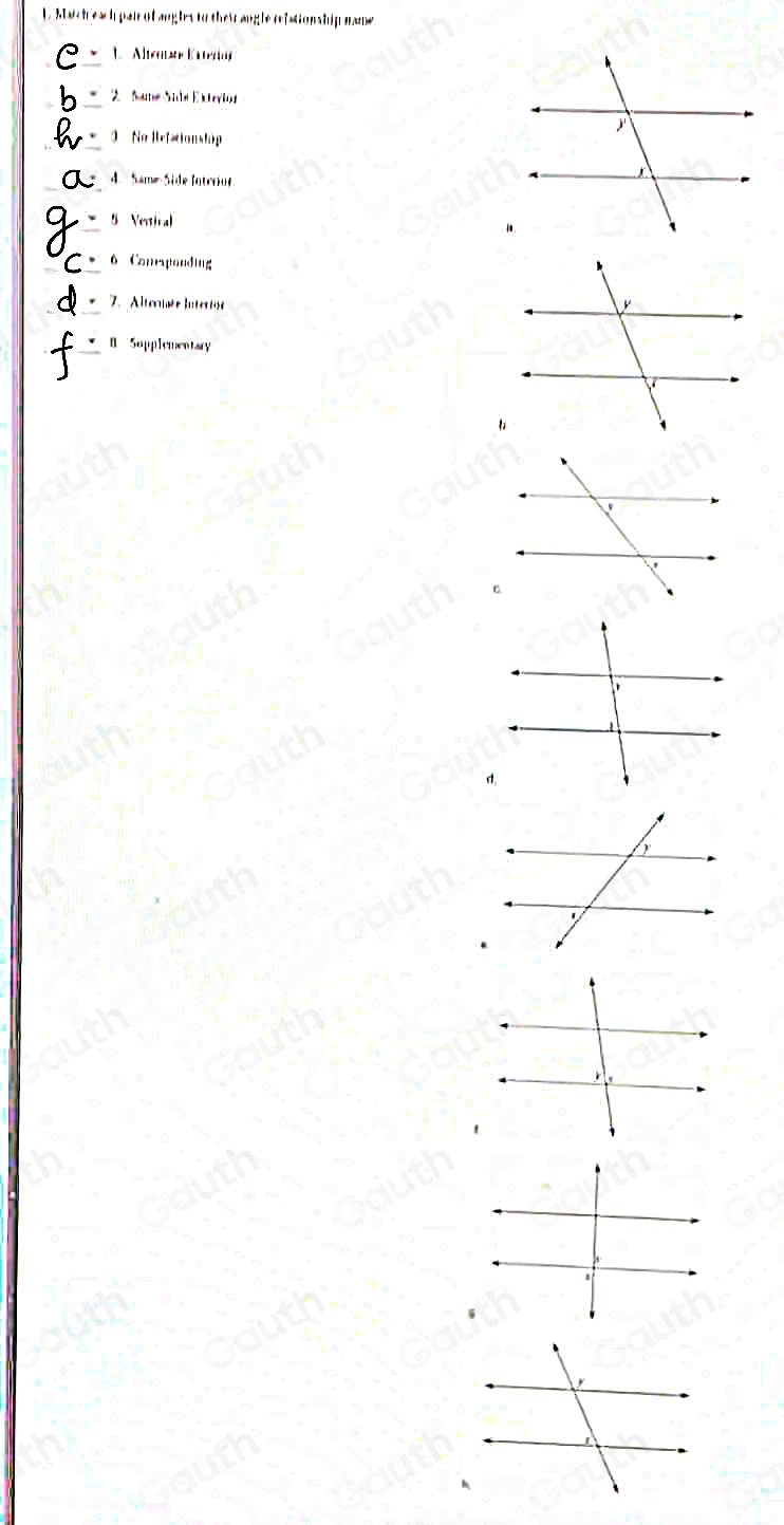 Solved: Match each pair of angles to their angle relationship name _ 1. Alternate Exterior _ 2 ...