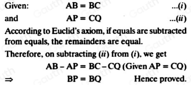 Solved: In the given figure , If AB=BC and AP=CQ , then prove that BP=BQ [Math]