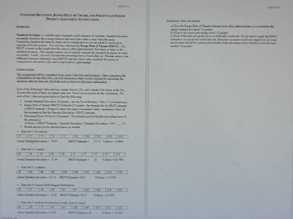 Solved: MATH 114 MATH 114 Standard Deviation, Range Rule of Thumb, and Percentage Error Project ...