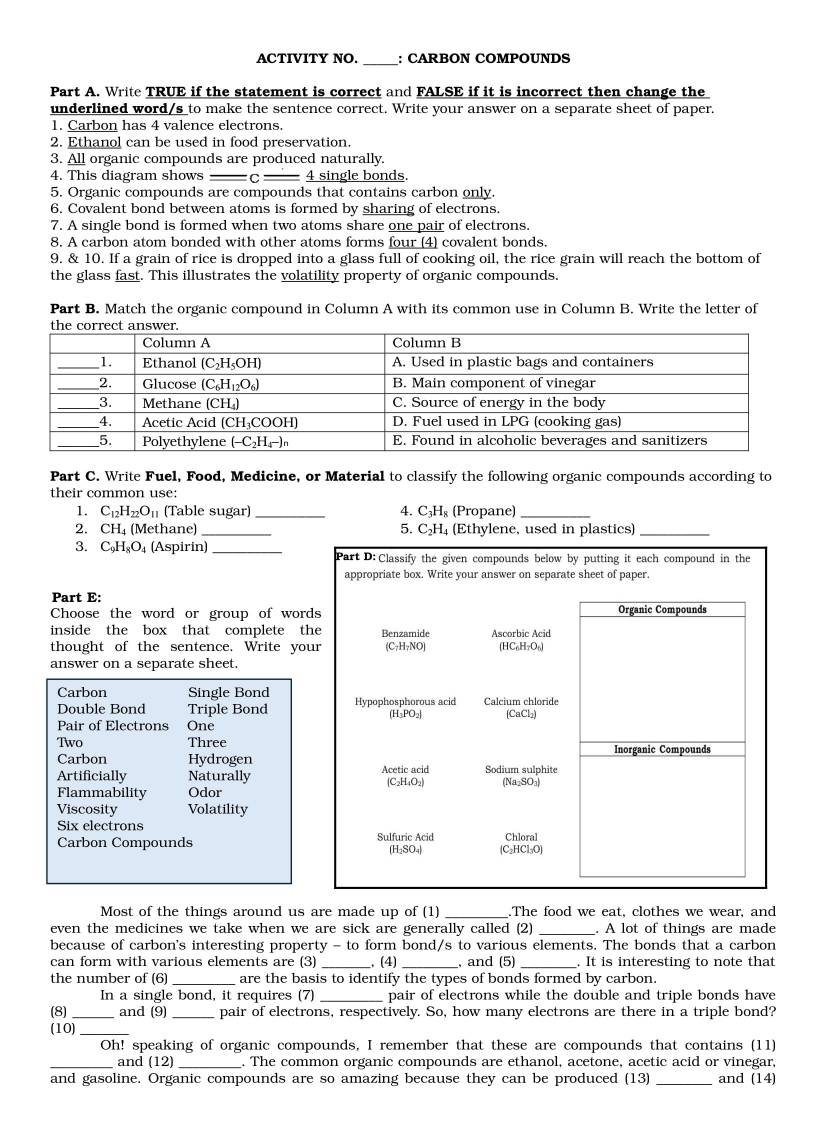 Solved: ACTIVITY NO. _: CARBON COMPOUNDS Part A. Write TRUE if the ...