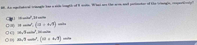 Solved: An equilateral triangle has a side length of 8 units. What are ...
