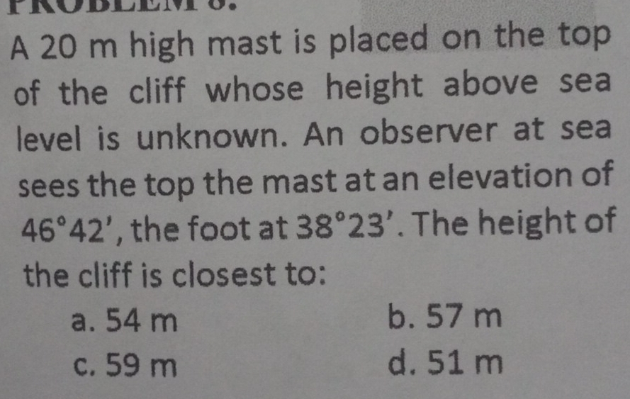 Solved: A 20 m high mast is placed on the top of the cliff whose height ...