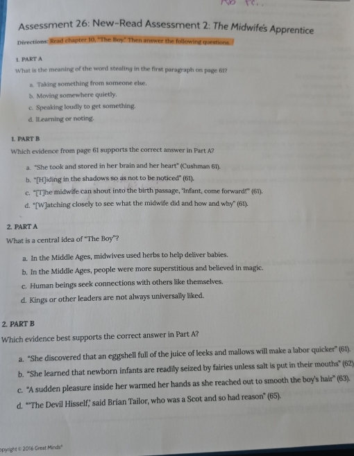 Solved: Assessment 26: New-Read Assessment 2: The Midwife's Apprentice ...