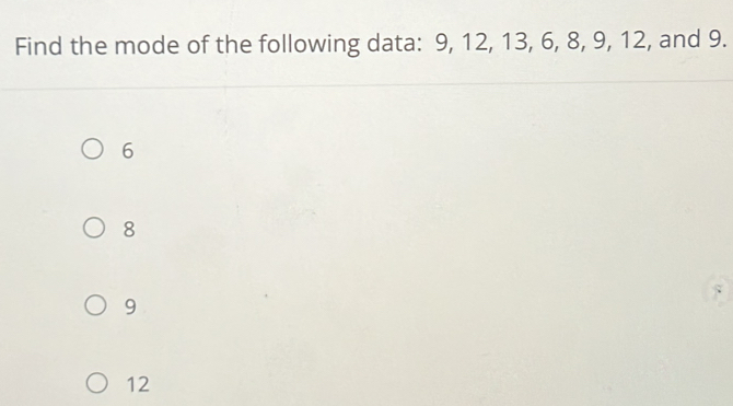 Solved: Find the mode of the following data: 9, 12, 13, 6, 8, 9, 12 ...
