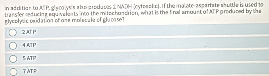 Solved: In addition to ATP, glycolysis also produces 2 NADH (cytosolic ...
