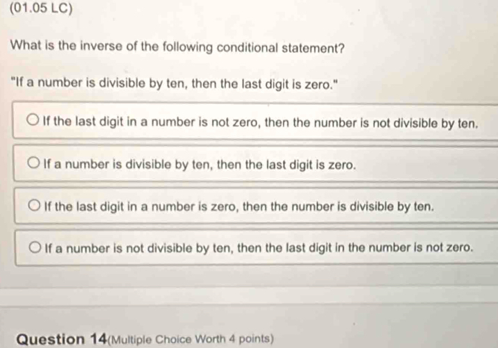 Solved: (01.05 LC) What is the inverse of the following conditional ...
