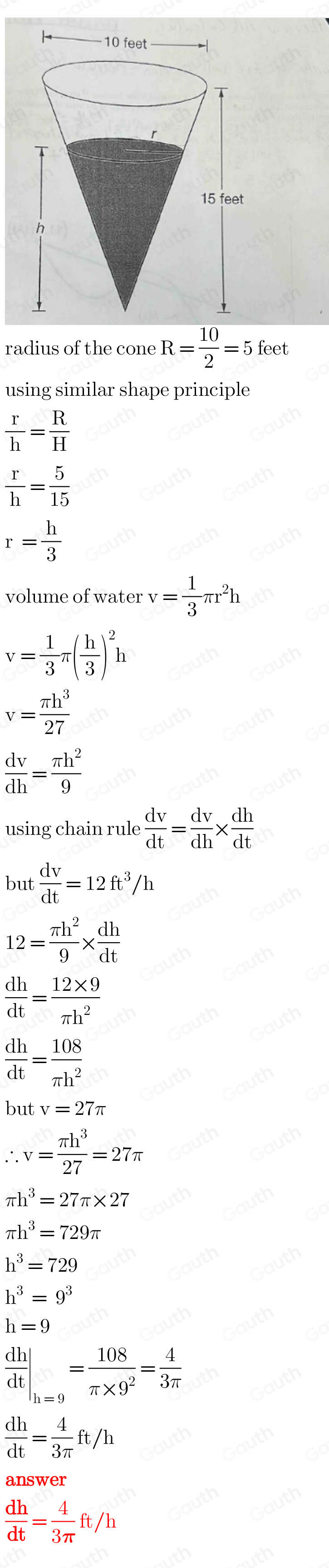 Solved: A water tank is in the shape of a right circular cone as shown ...