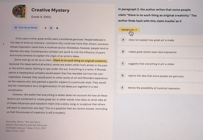 Solved: Creative Mystery In paragraph 2, the author writes that some ...