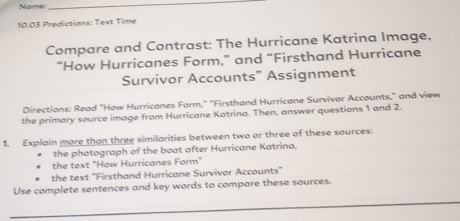Solved: Name: _ 10.03 Predictions: Text Time Compare and Contrast: The ...