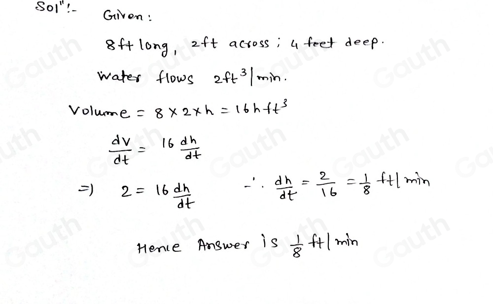 Solved: A rectangular trough is 8ft long. 2ft across the top, and Aft ...