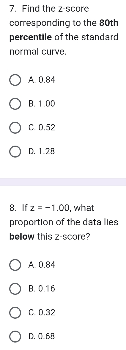 Solved: Find the z-score corresponding to the 80th percentile of the ...