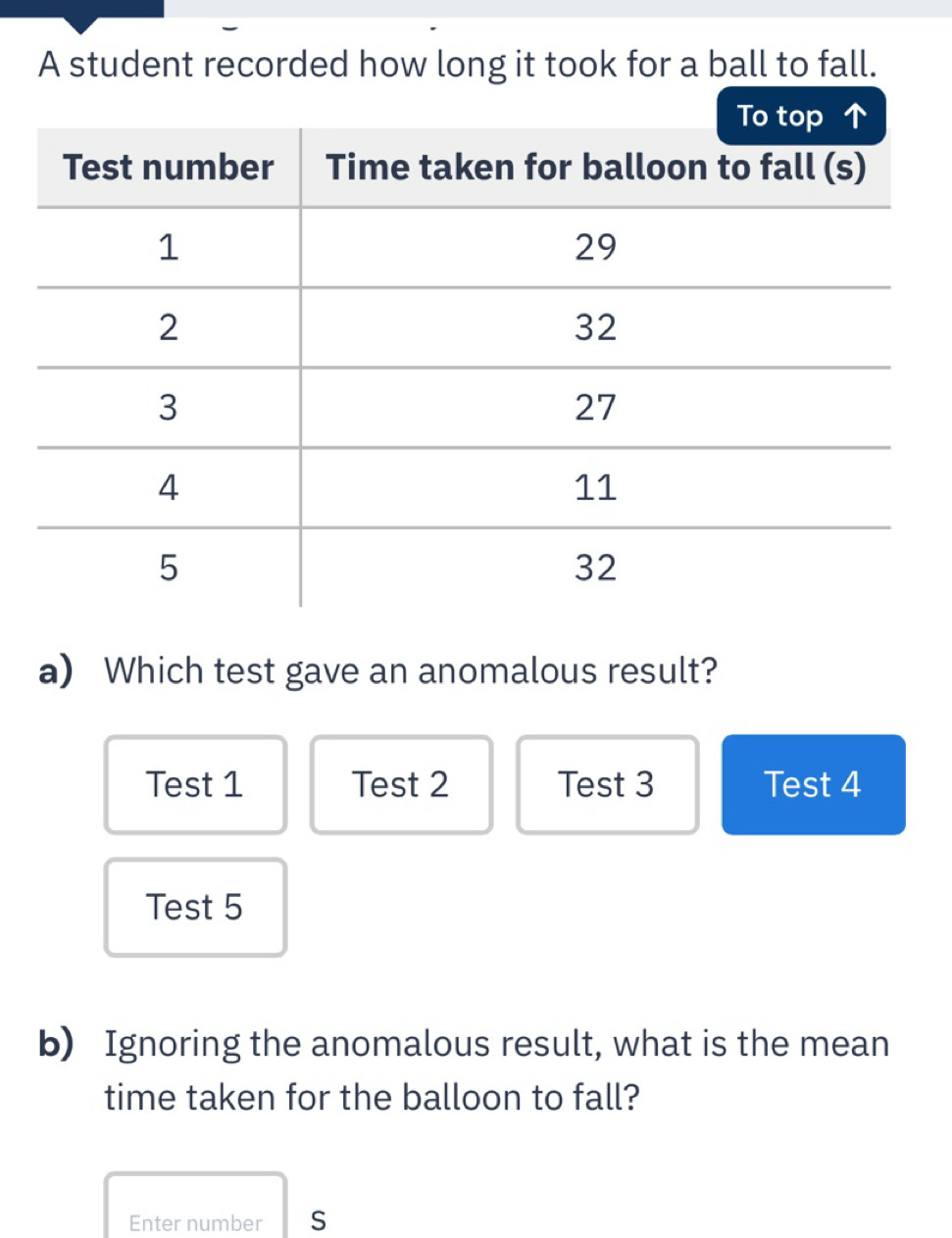 Solved: A student recorded how long it took for a ball to fall. a ...