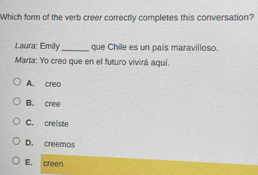 Solved: Which form of the verb creer correctly completes this ...