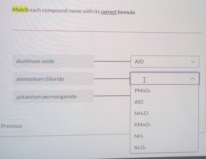 Solved: Match each compound name with its correct formula. aluminum ...