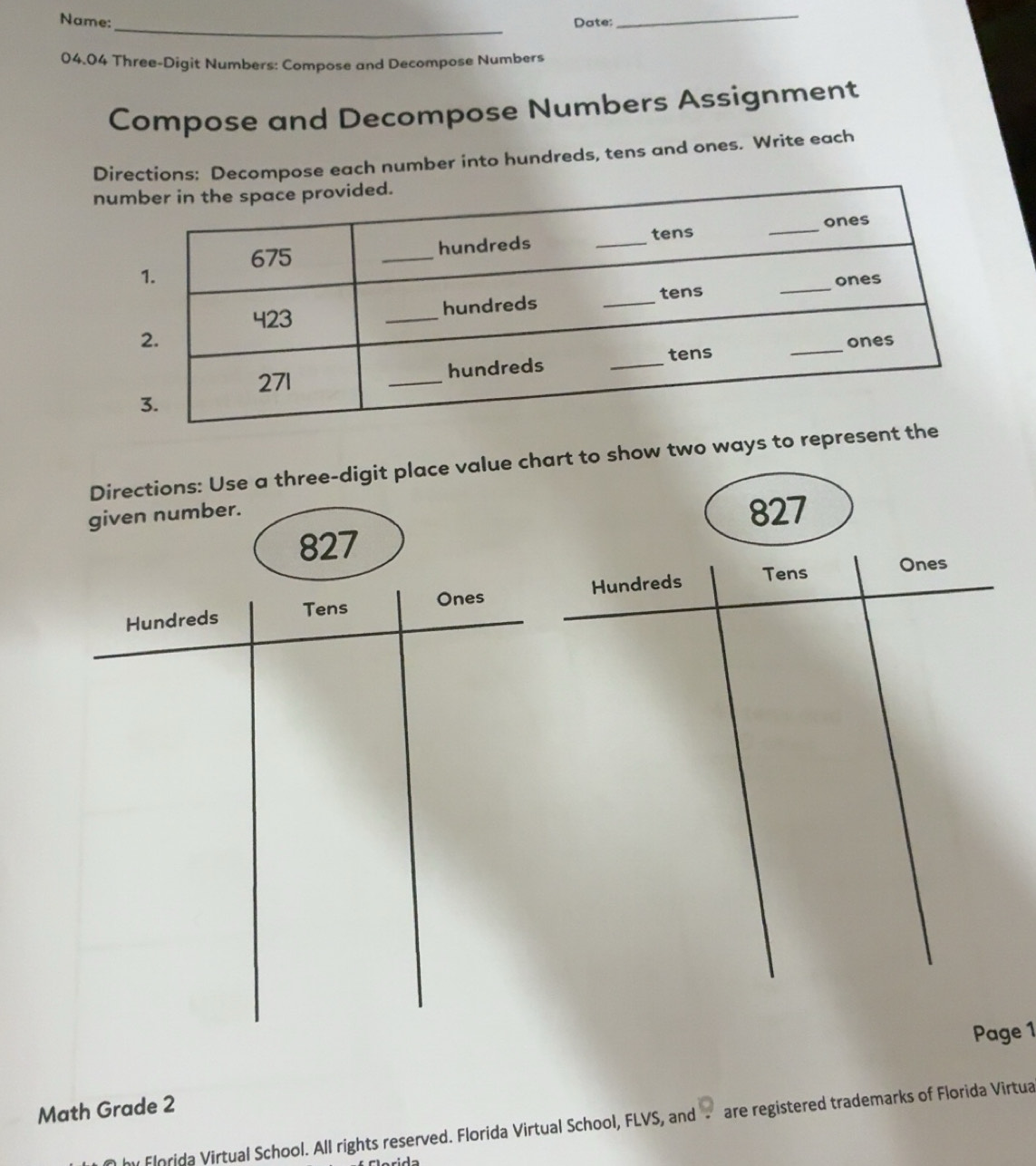 Solved: Name: _ Date: _ 04.04 Three-Digit Numbers: Compose and Decompose Numbers Compose and [Math]