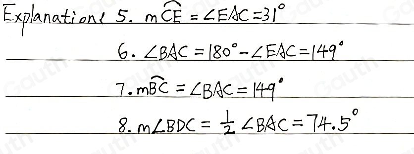 Solved: The center of the circle is A, and m∠ EAC=31°. Find each ...